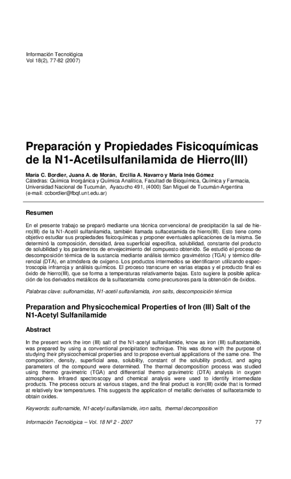 (PDF) Preparaci n y Propiedades Fisicoqu micas de la N1-Acetilsulfanilamida de Hierro(III)