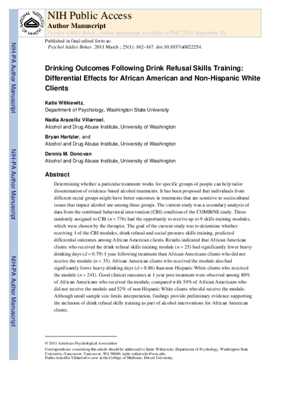 (PDF) Drinking outcomes following drink refusal skills training ...