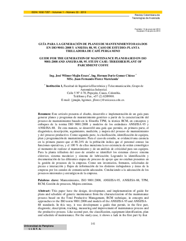 (PDF) Guía Para La Generación De Planes De Mantenimiento Basados en Iso 9001: 2008 y Ansi/Isa 88 ...