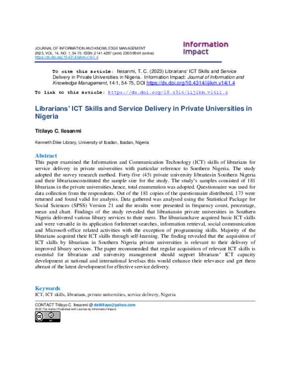 (PDF) Librarians’ ICT skills and service delivery in private ...