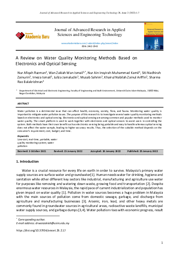 (PDF) A Review on Water Quality Monitoring Methods Based on Electronics and Optical Sensing