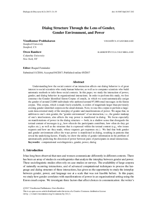(PDF) Dialog Structure Through the Lens of Gender, Gender Environment ...