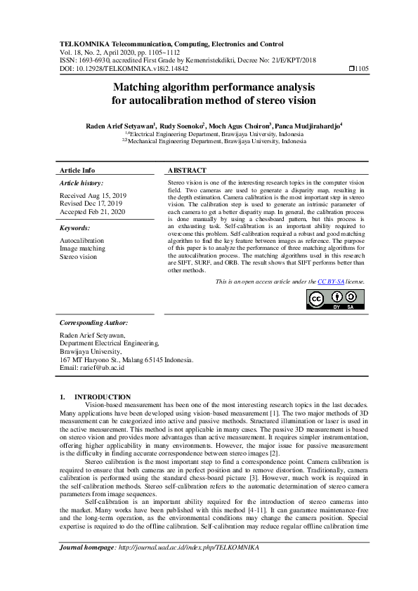 (PDF) Matching algorithm performance analysis for autocalibration method of stereo vision