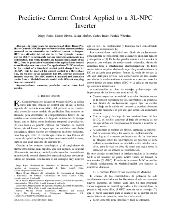 (PDF) Predictive Current Control Applied to a 3L-NPC Inverter