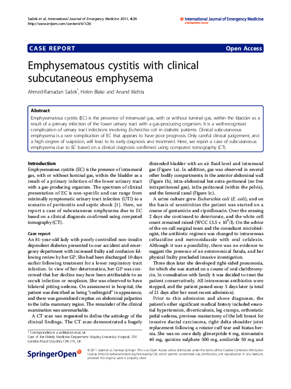 (PDF) Emphysematous cystitis with clinical subcutaneous emphysema