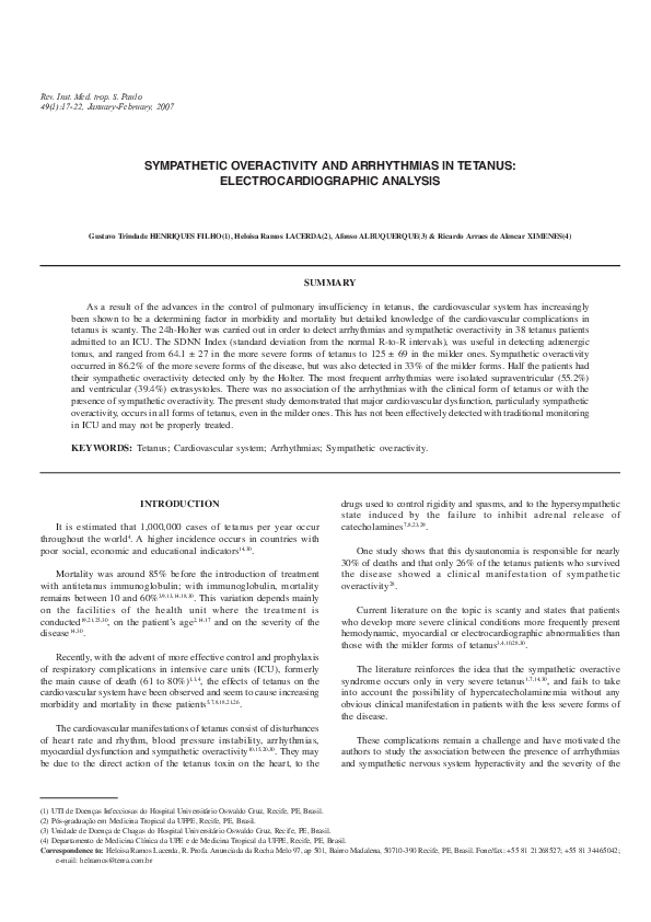 (PDF) Sympathetic overactivity and arrhythmias in tetanus ...