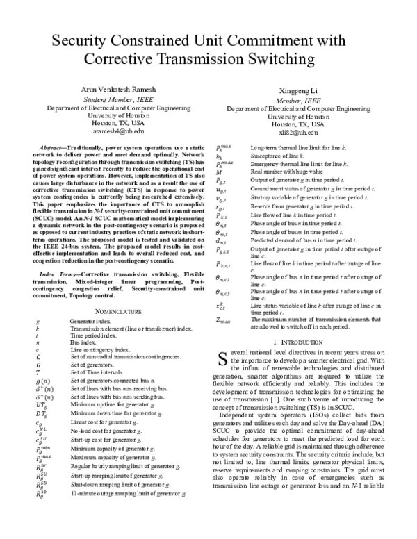 (PDF) Security Constrained Unit Commitment with Corrective Transmission Switching