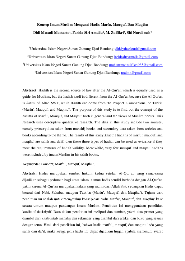 (PDF) Konsep Imam Muslim Mengenai Hadis Marfu, Mauquf, Dan Maqthu