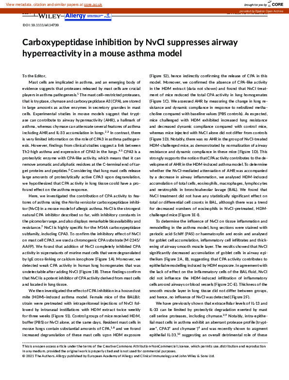 (PDF) Carboxypeptidase inhibition by NvCI suppresses airway ...