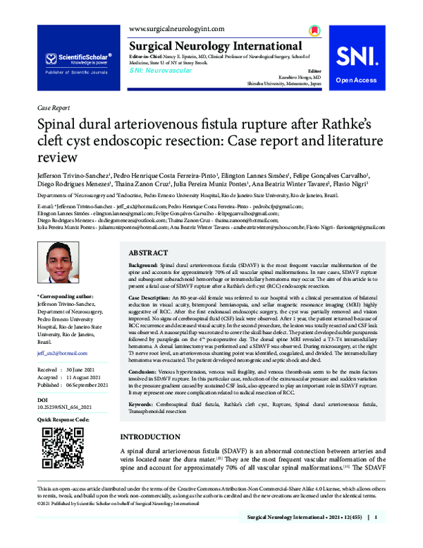 (PDF) Spinal dural arteriovenous fistula rupture after Rathke’s cleft ...