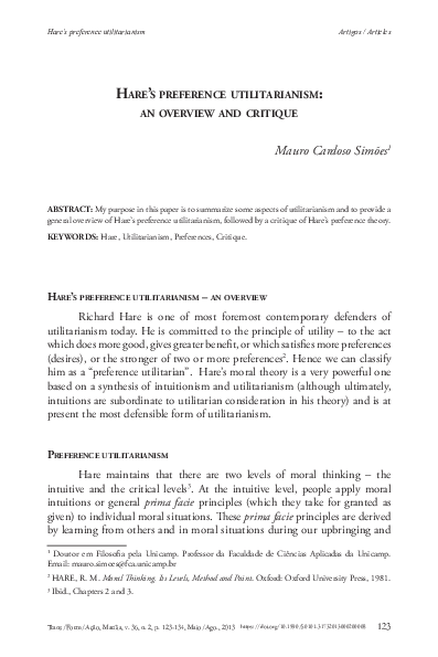(PDF) Hare's preference utilitarianism: an overview and critique