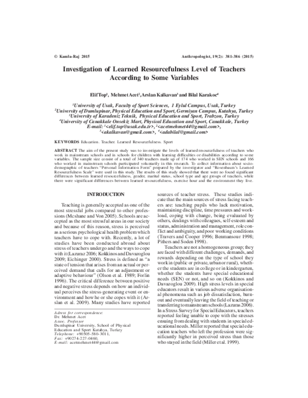 (PDF) Investigation of Learned Resourcefulness Level of Teachers ...