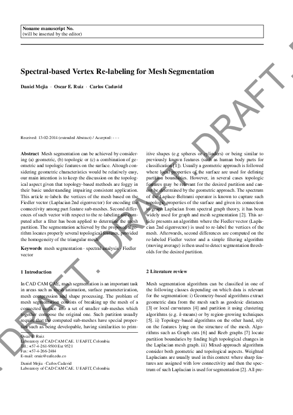 (PDF) Spectral-based vertex re-labeling for mesh segmentation