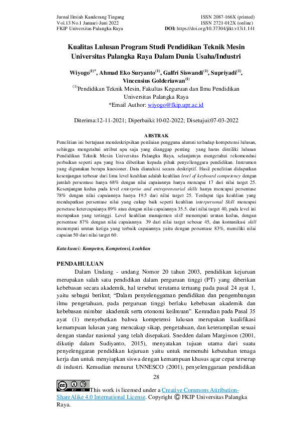 (PDF) Kualitas Lulusan Program Studi Pendidikan Teknik Mesin Universitas Palangka Raya Dalam ...