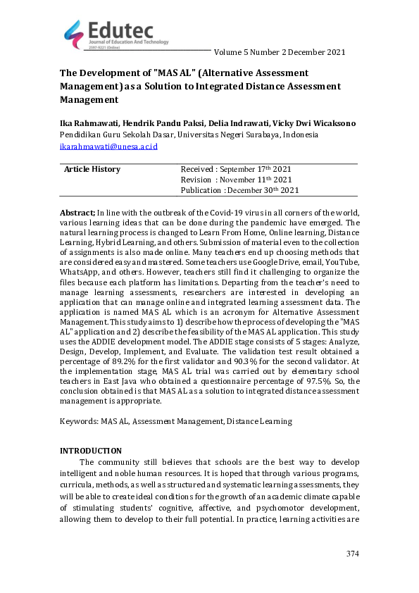 (PDF) The Development of "MAS AL" (Alternative Assessment Management) as a Solution to ...