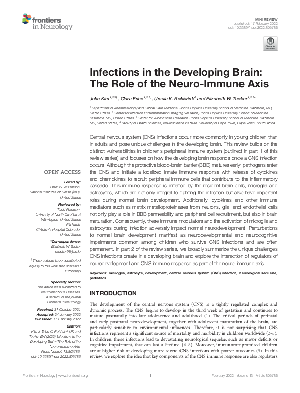 (PDF) Infections in the Developing Brain: The Role of the Neuro-Immune Axis