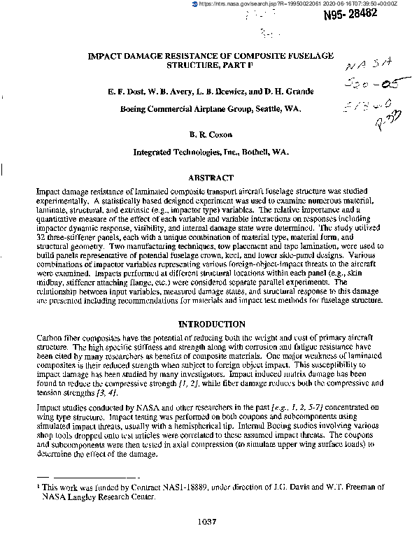 (PDF) Impact damage resistance of composite fuselage structure, part 1