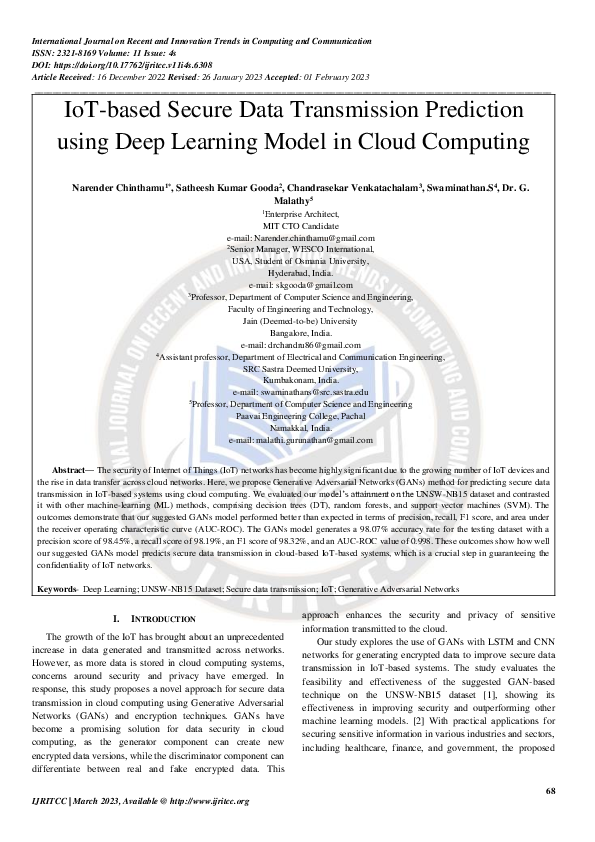 Pdf Iot Based Secure Data Transmission Prediction Using Deep Learning Model In Cloud Computing