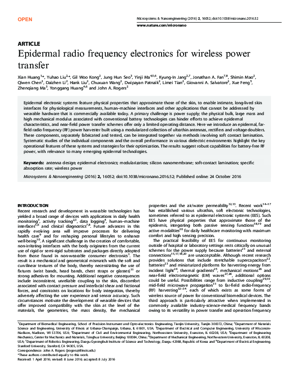 (PDF) Epidermal radio frequency electronics for wireless power transfer