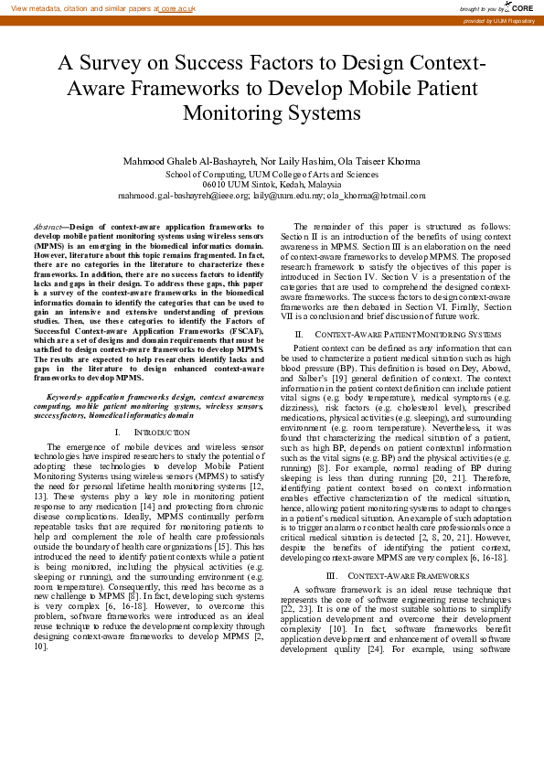 (PDF) A survey on success factors to design context-aware frameworks to develop mobile patient ...
