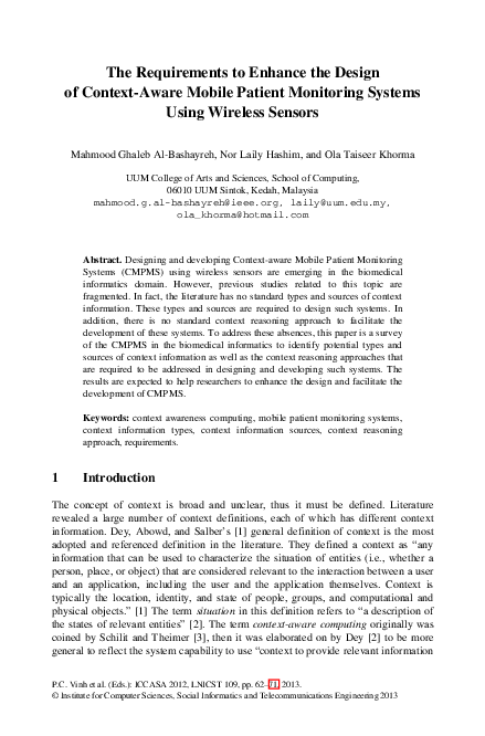 (PDF) The Requirements to Enhance the Design of Context-Aware Mobile Patient Monitoring Systems ...