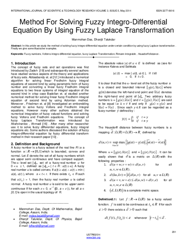 (PDF) Method For Solving Fuzzy Integro-Differential Equation By Using Fuzzy Laplace ...
