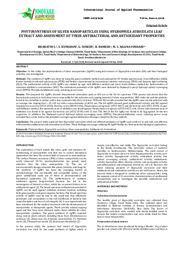 Pdf Phytosynthesis Of Silver Nanoparticles Using Hygrophila Auriculata Leaf Extract And