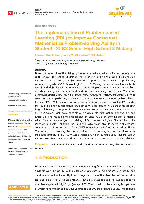 Pdf The Implementation Of Problem Based Learning Pbl To Improve Contextual Mathematics