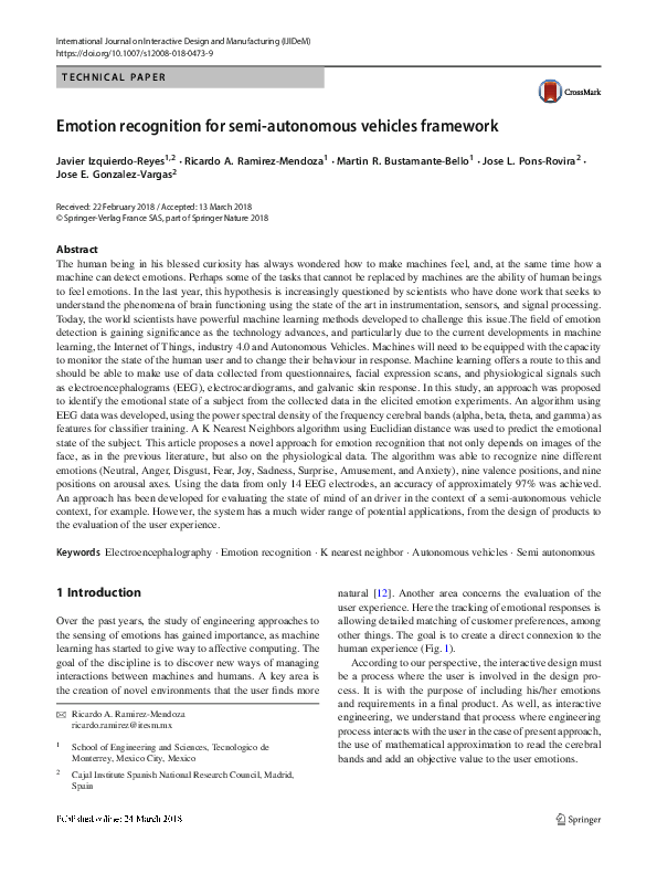 (PDF) Emotion recognition for semi-autonomous vehicles framework