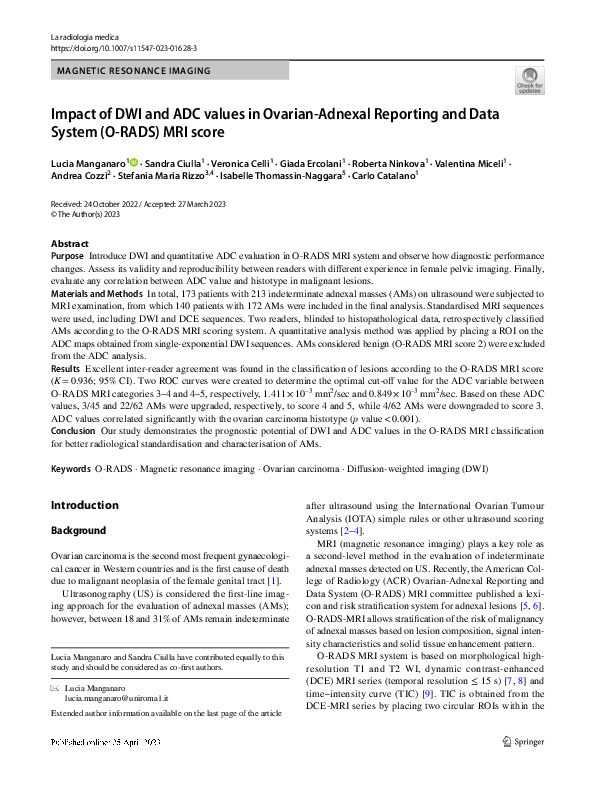 (PDF) Impact of DWI and ADC values in Ovarian-Adnexal Reporting and ...