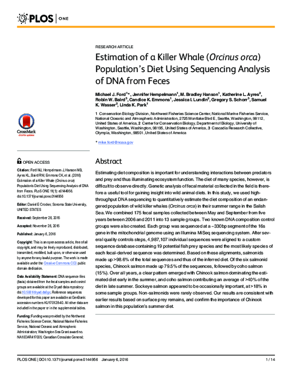 Pdf Estimation Of A Killer Whale Orcinus Orca Populations Diet Using Sequencing Analysis Of