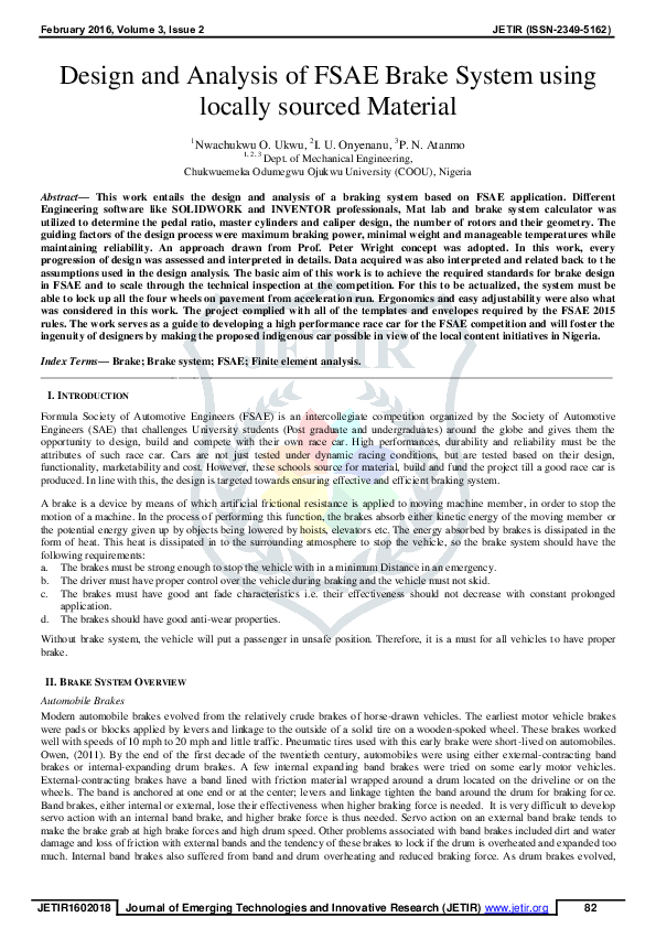 Pdf Design And Analysis Of Fsae Brake System Using Locally Sourced Material