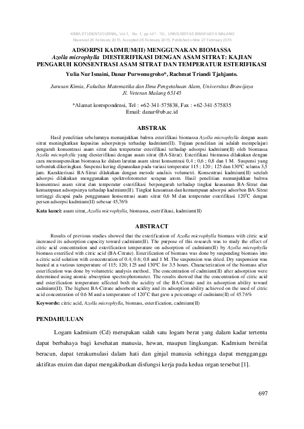 (PDF) ADSORPSI KADMIUM(II) MENGGUNAKAN BIOMASSA Azolla microphylla DIESTERIFIKASI DENGAN ASAM ...