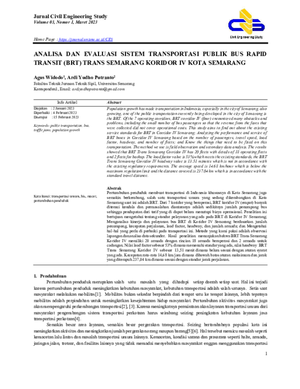 (PDF) Analisa Dan Evaluasi Sistem Transportasi Publik Bus Rapid Transit (Brt) Trans Semarang ...