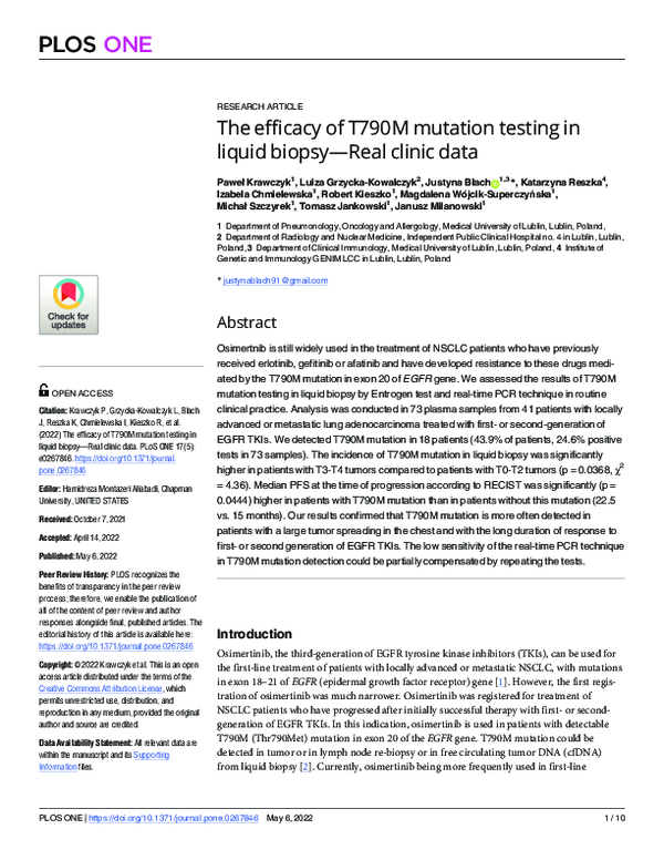 (PDF) The efficacy of T790M mutation testing in liquid biopsy—Real ...