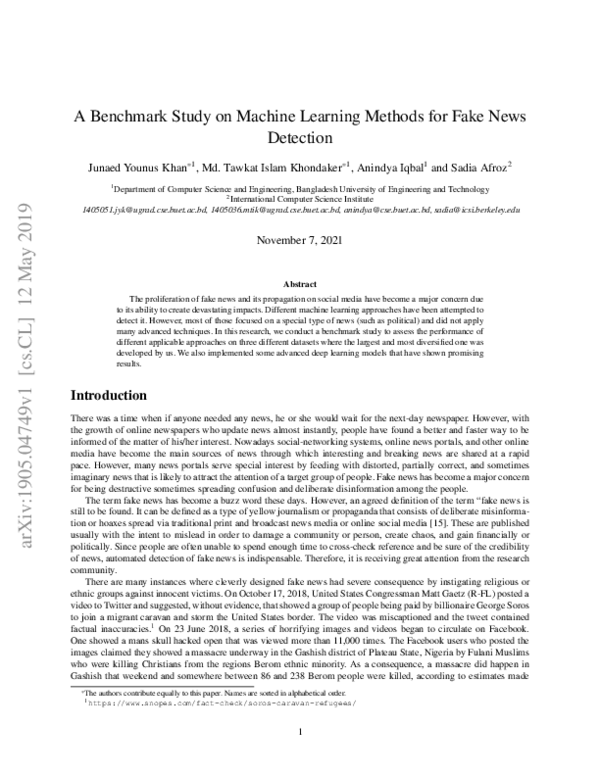 (PDF) A Benchmark Study on Machine Learning Methods for Fake News Detection