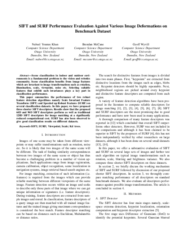 (PDF) SIFT and SURF Performance Evaluation against Various Image Deformations on Benchmark Dataset