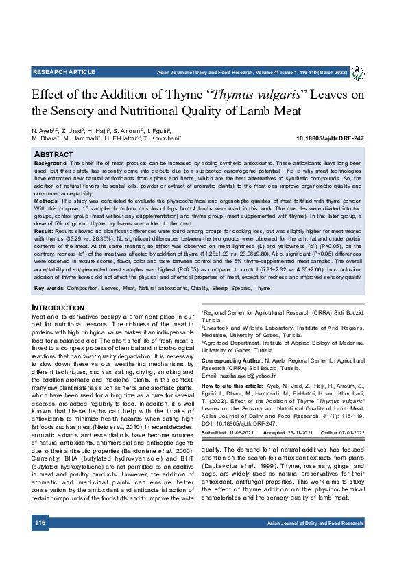 (PDF) Effect of the Addition of Thyme “Thymus vulgaris” Leaves on the ...