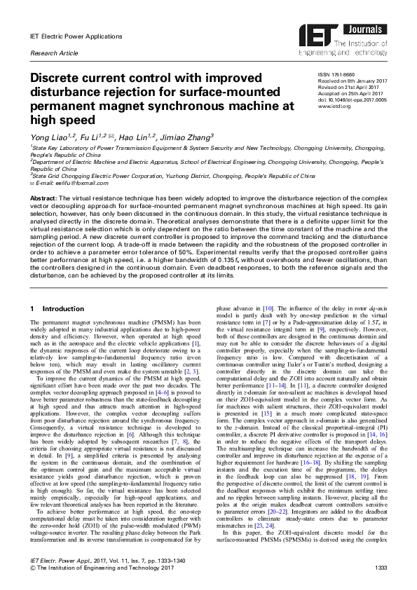 (PDF) Discrete current control with improved disturbance rejection for surface‐mounted permanent ...