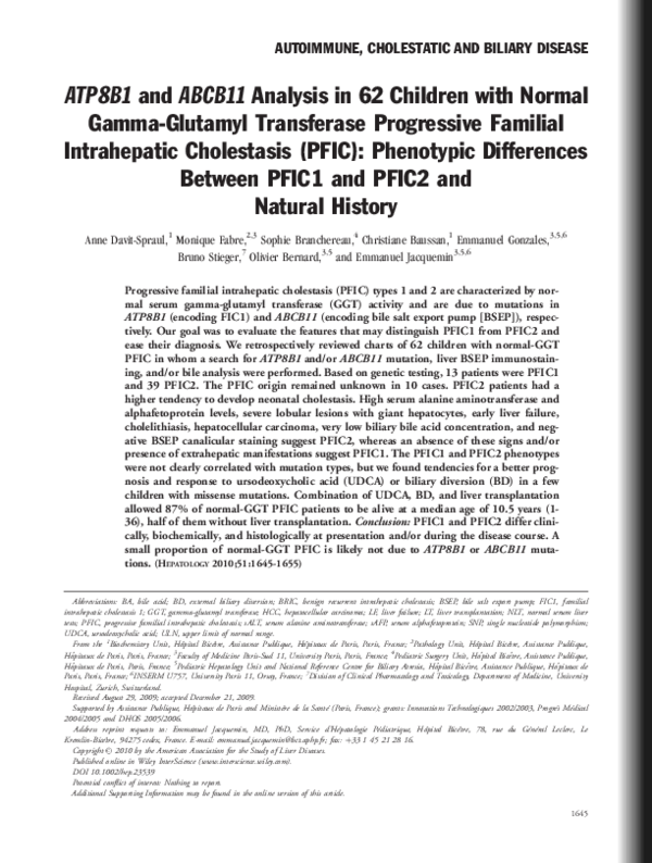 (PDF) ATP8B1 and ABCB11 analysis in 62 children with normal gamma ...