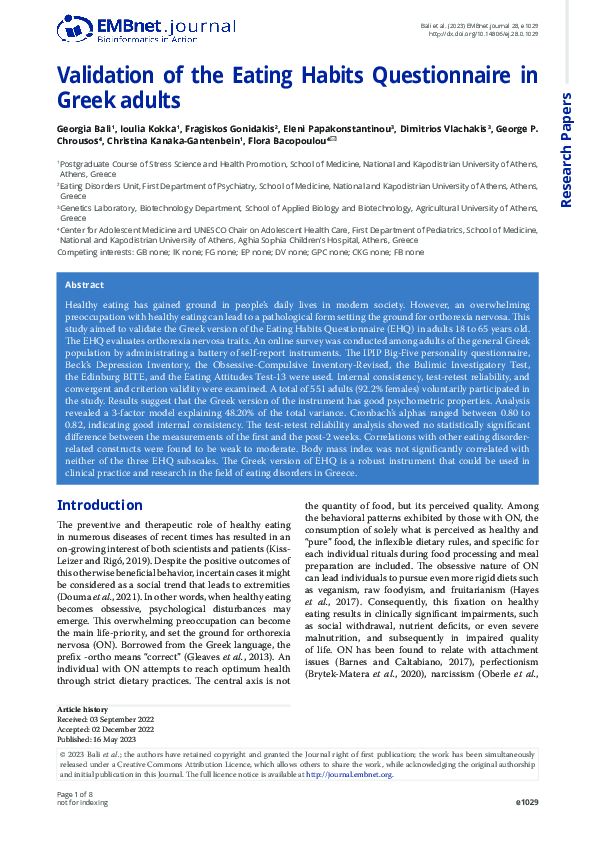 (PDF) Validation of the Eating Habits Questionnaire in Greek adults