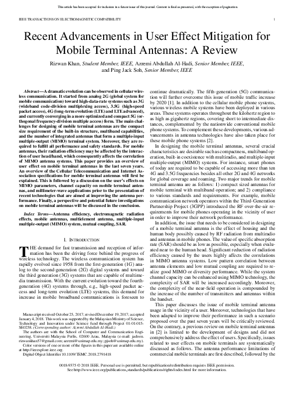 (PDF) Recent Advancements in User Effect Mitigation for Mobile Terminal Antennas: A Review