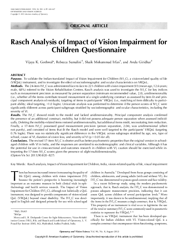 (PDF) Rasch Analysis of Impact of Vision Impairment for Children ...