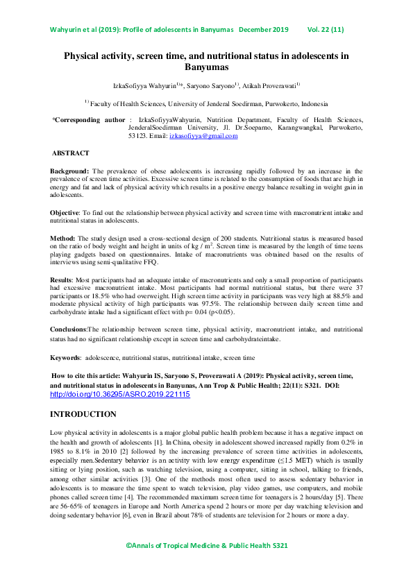 (PDF) Physical activity, screen time, and nutritional status in adolescents in Banyumas