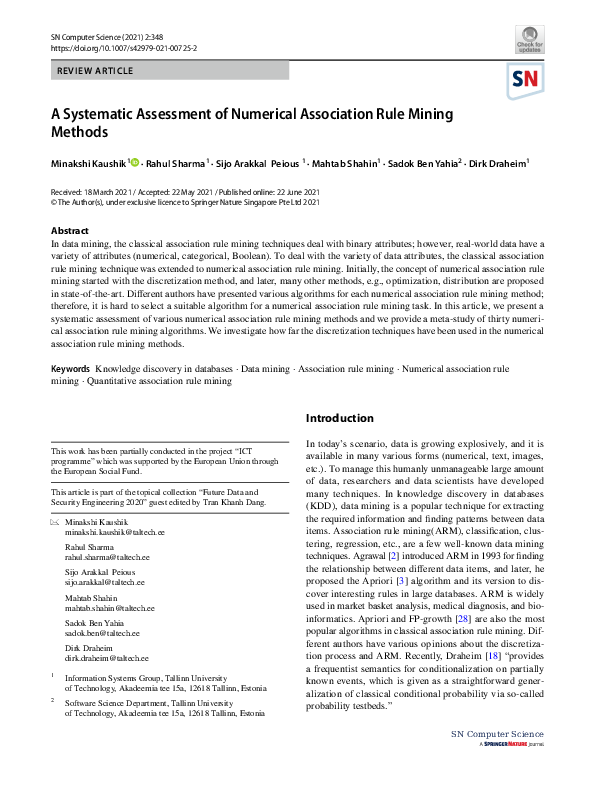 Pdf A Systematic Assessment Of Numerical Association Rule Mining Methods