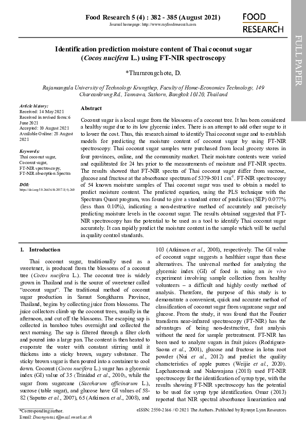 Pdf Identification Prediction Moisture Content Of Thai Coconut Sugar Cocos Nucifera L Using