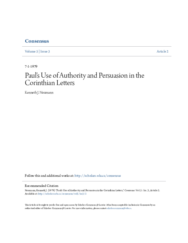 (PDF) Paul's Use of Authority and Persuasion in the Corinthian Letters