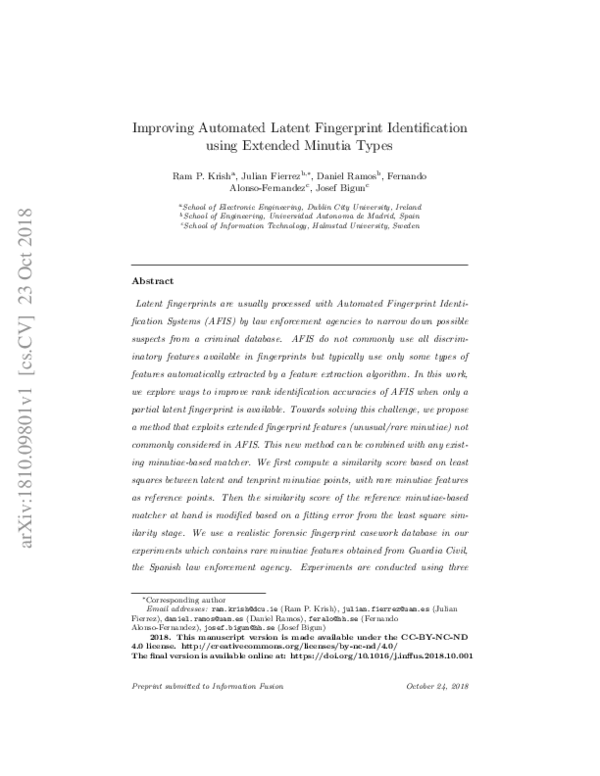 Pdf Improving Automated Latent Fingerprint Identification Using Extended Minutia Types