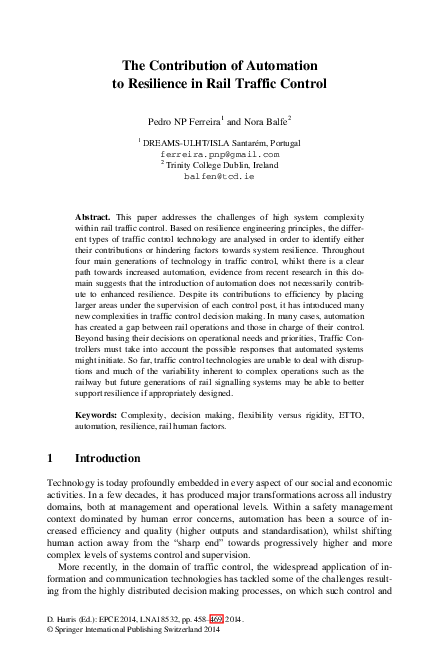 (PDF) The Contribution of Automation to Resilience in Rail Traffic Control