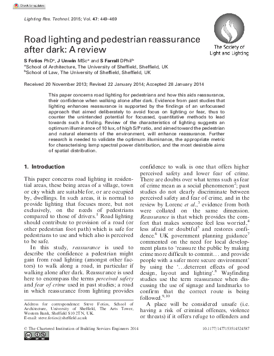 (PDF) Road lighting and pedestrian reassurance after dark: A review